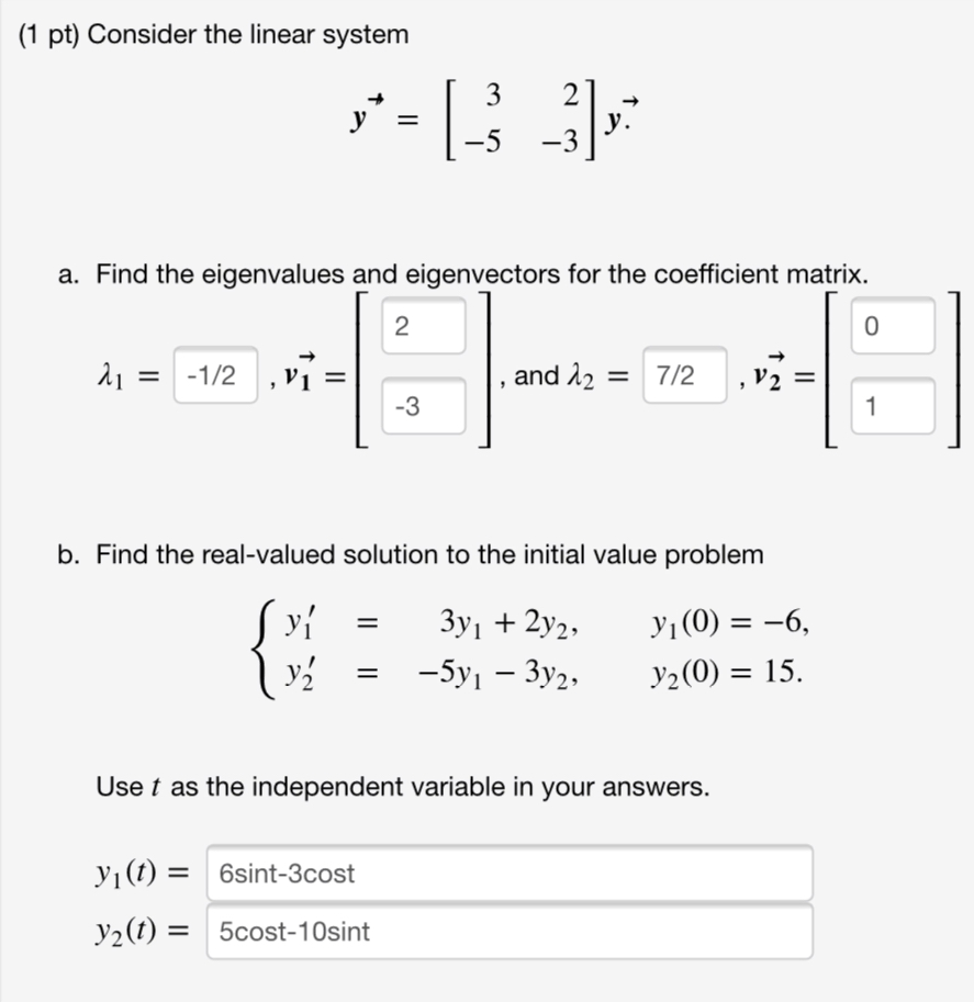 Solved (1 pt) Consider the linear systenm гі 5 -3 a. Find | Chegg.com