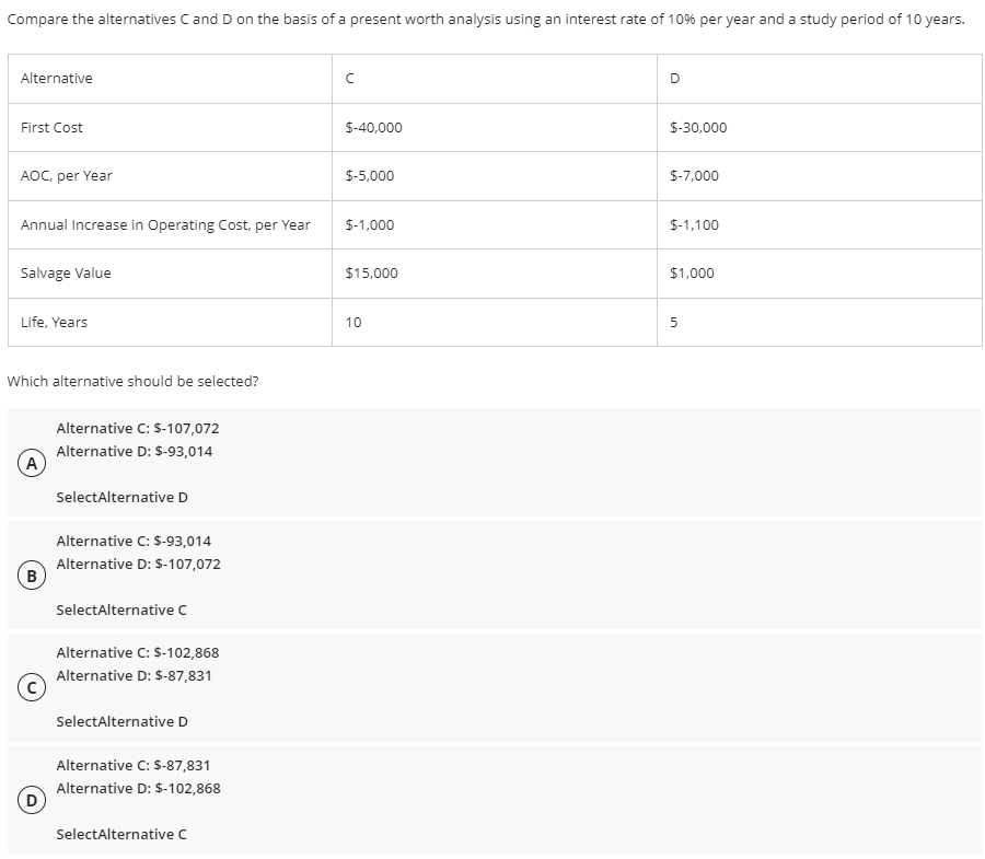 Solved Which alternative should be selected? | Chegg.com