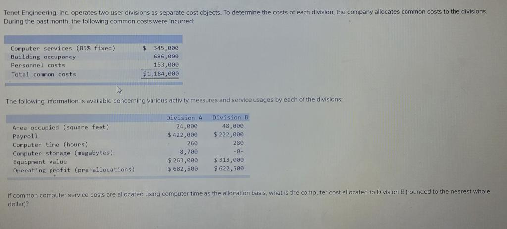 Solved Tenet Engineering, Inc. operates two user divisions | Chegg.com