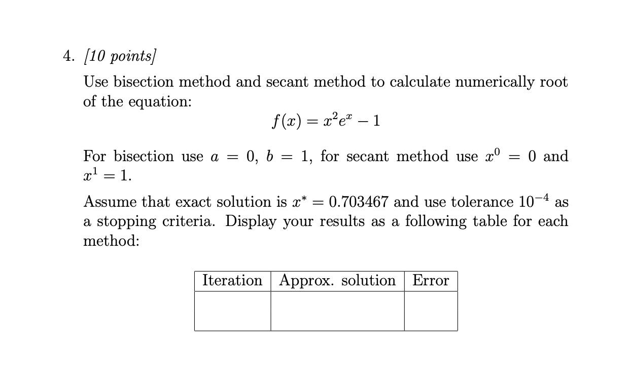 Solved 4. [10 points] Use bisection method and secant method | Chegg.com