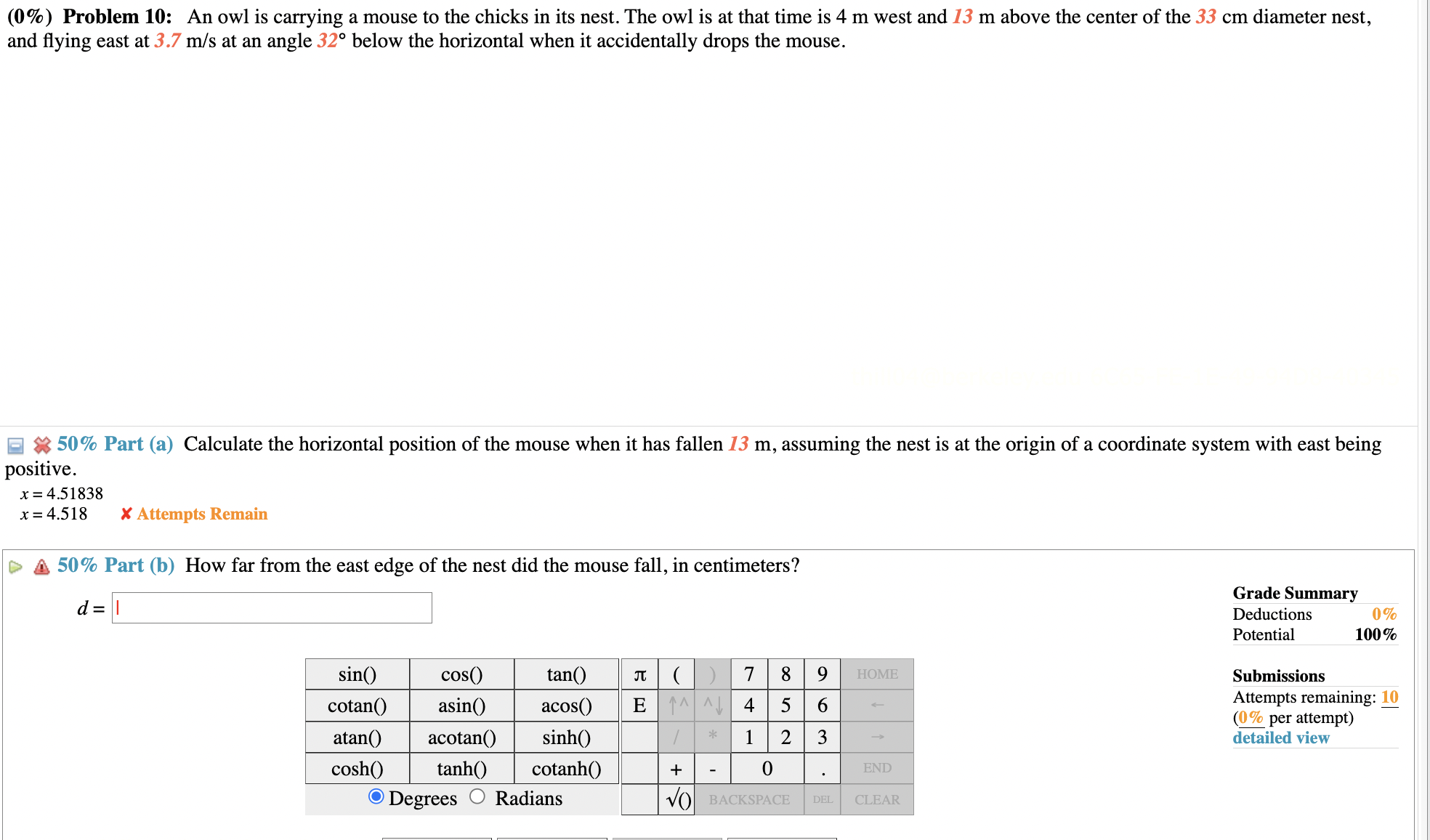 Solved (0\%) Problem 10: An owl is carrying a mouse to the | Chegg.com