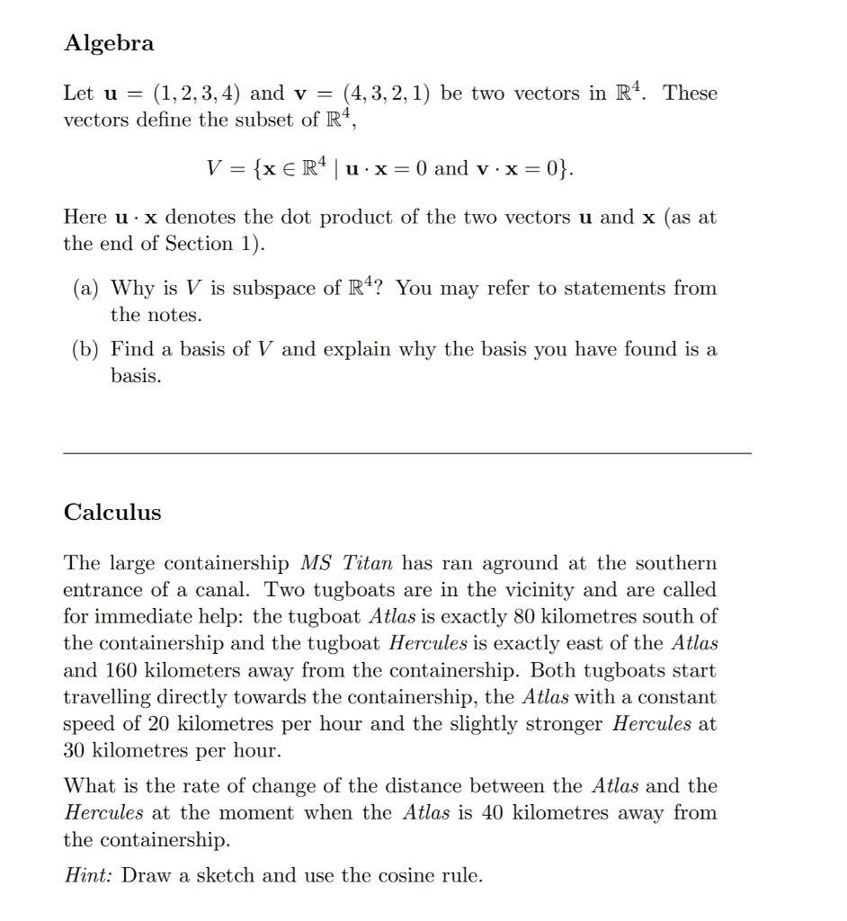 Solved Algebra Let u = (1, 2, 3, 4) and v = (4, 3, 2, 1) be | Chegg.com