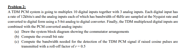 Solved Problem 2: A TDM PCM system is going to multiplex 10 | Chegg.com