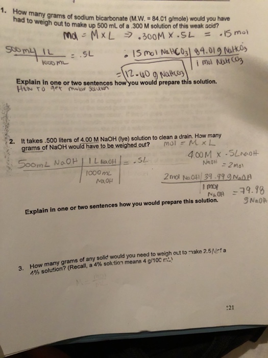 Solved 1. How many grams of sodium bicarbonate (M.W.-84.01 | Chegg.com
