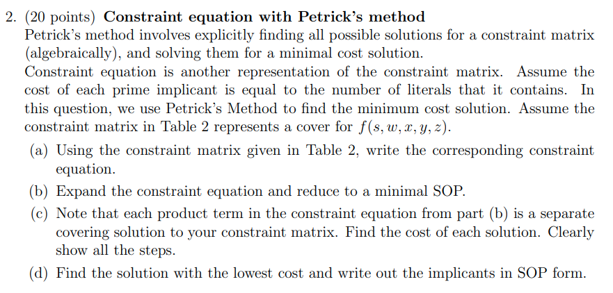 Solved 2. (20 points) Constraint equation with Petrick's | Chegg.com