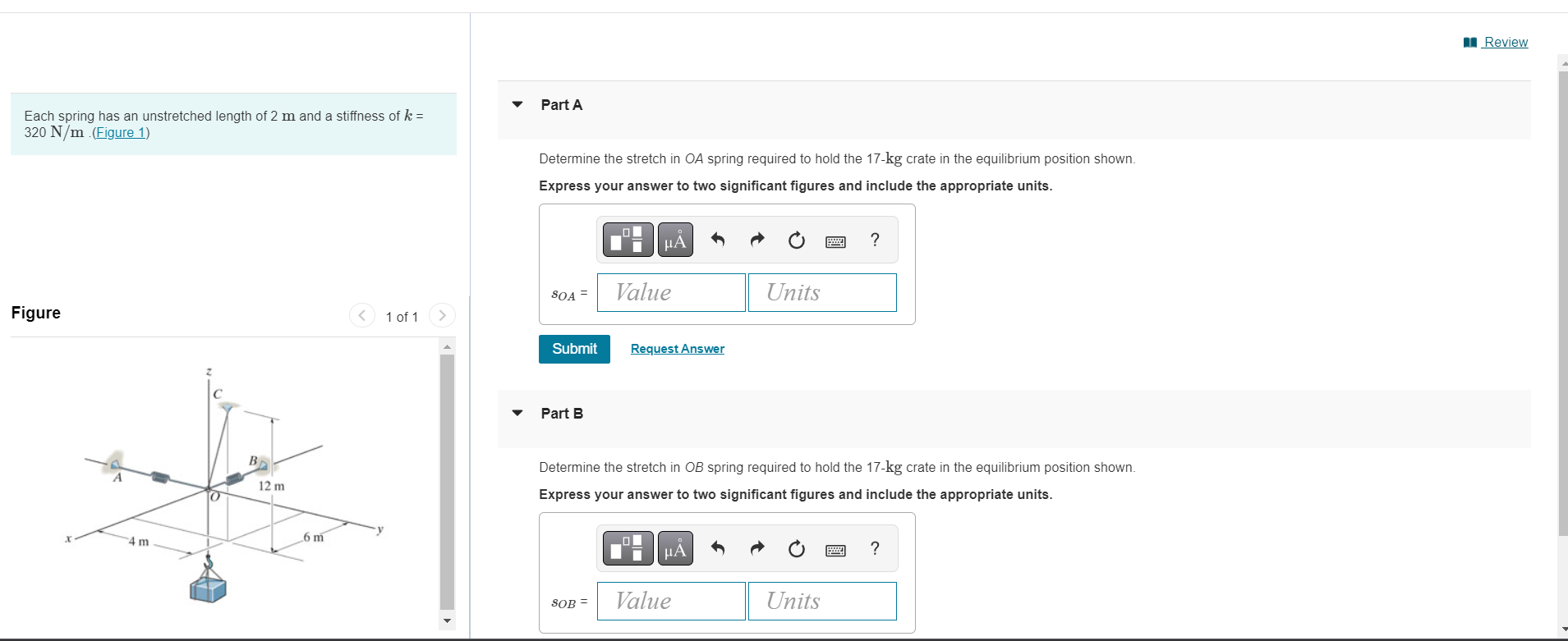 Solved Each spring has an unstretched length of 2 m and a | Chegg.com