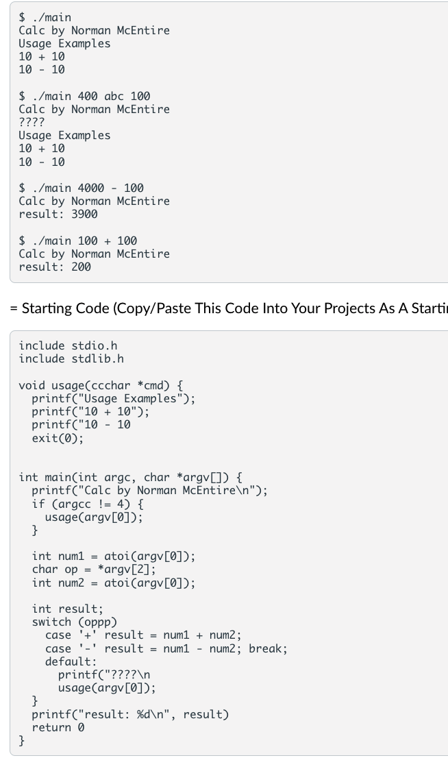 Solved $./main Calc by Norman McEntire Usage Examples 10+10 | Chegg.com