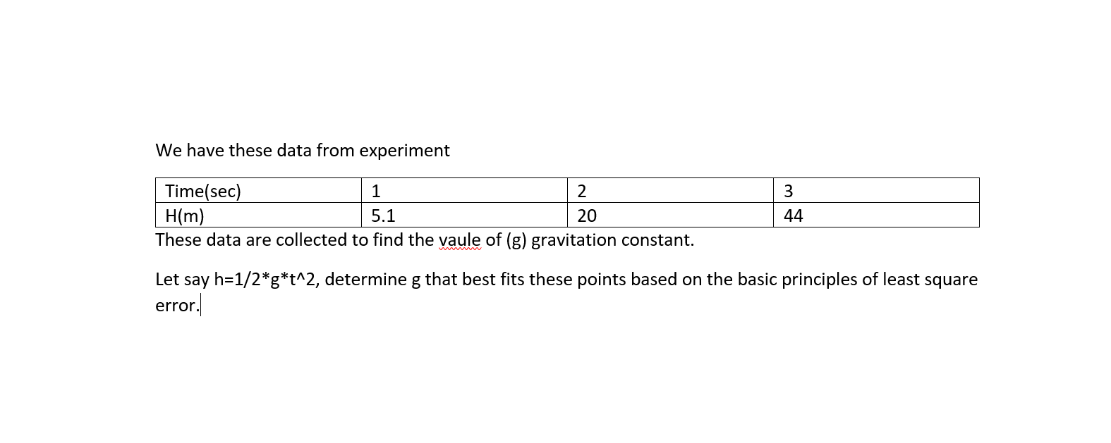 Solved We have these data from experiment Time(sec) 1 2 H(m) | Chegg.com