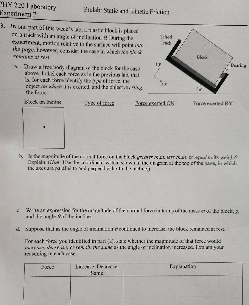 Solved Prelab: Static and Kinetic Friction Experiment 7 3. | Chegg.com