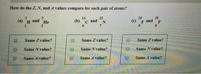 Solved How do the Z, N, and A values compare for each pair | Chegg.com