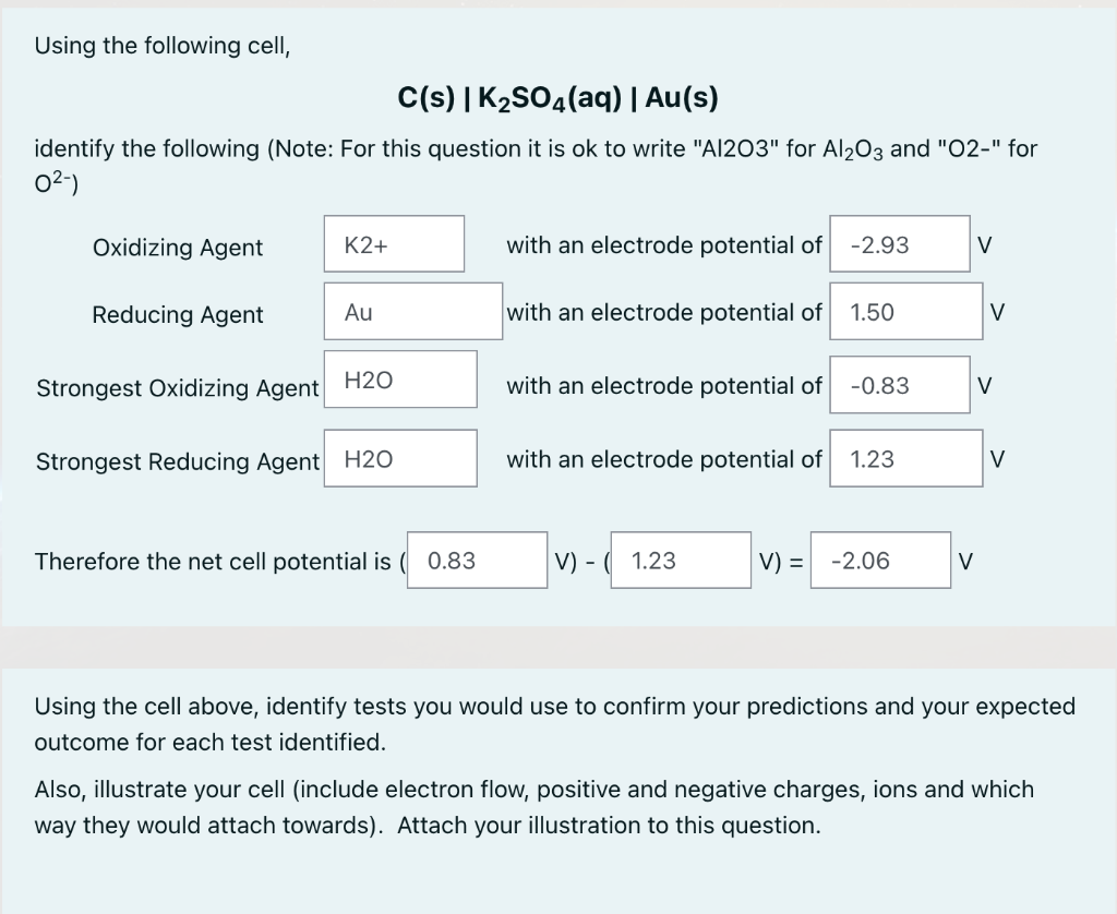 Solved Using the following cell, C(s) |K2SO4(aq)| Au(s) | Chegg.com