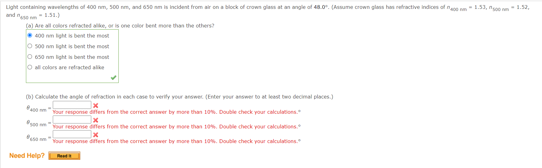 Solved and n650 nm=1.51.) (a) Are all colors refracted | Chegg.com