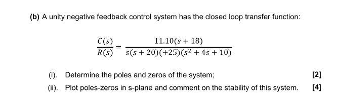Solved (b) A unity negative feedback control system has the | Chegg.com
