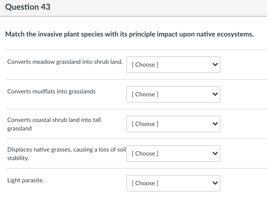 Solved Question 43 Match the invasive plant species with its | Chegg.com