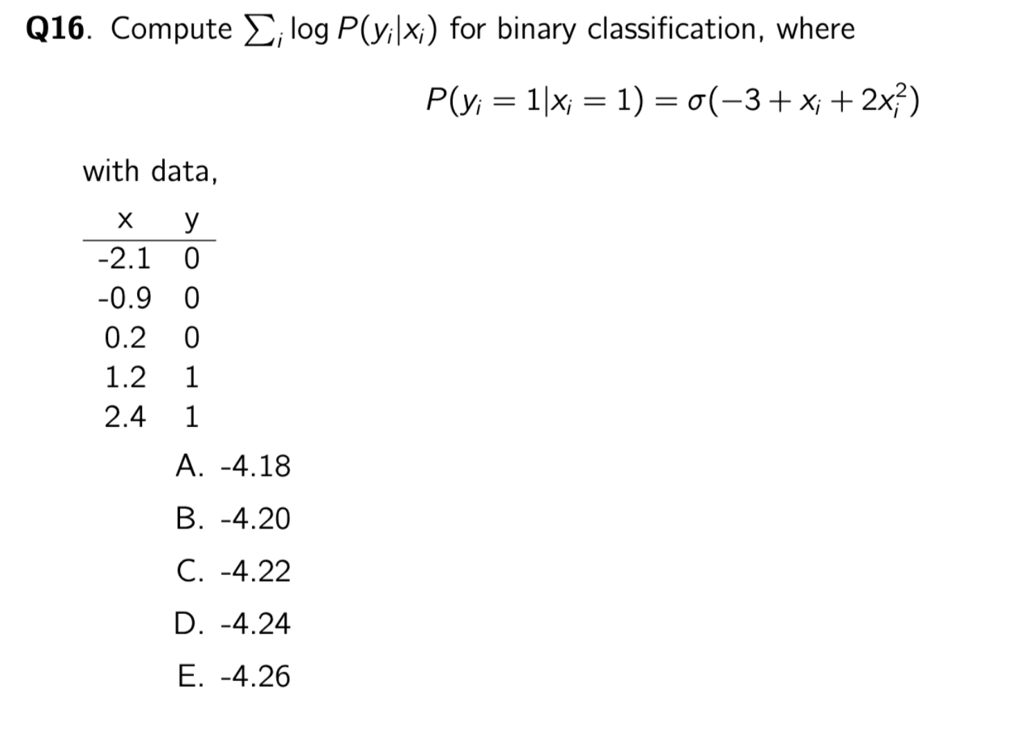 Solved Q16. Compute ∑ilogP(yi∣xi) for binary classification, | Chegg.com