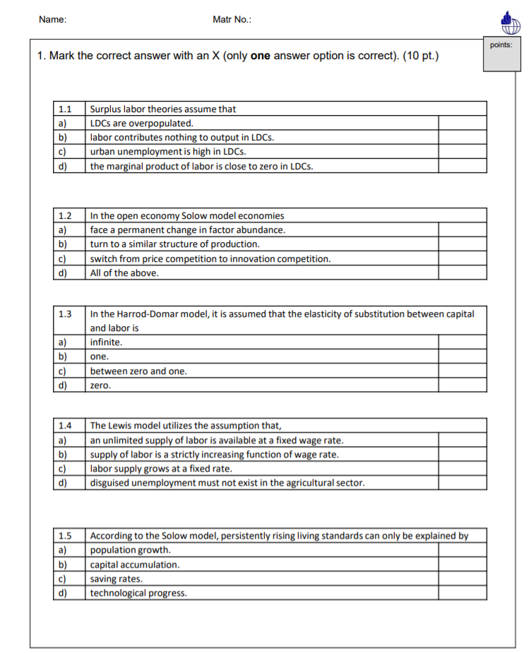 Solved Name: Matr No.: points: 1. Mark the correct answer | Chegg.com