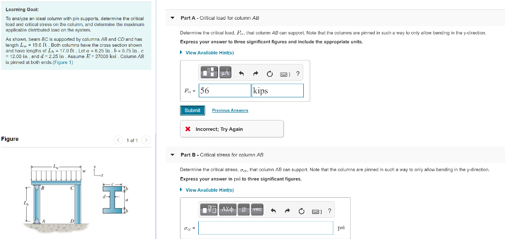 Solved Part A - Critical load for column AB Learning Goal: | Chegg.com