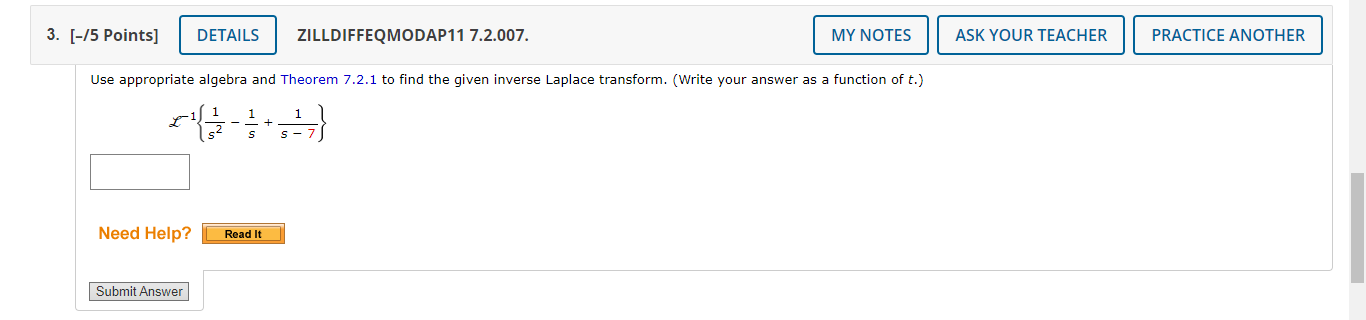 Solved L−1{s21−s1+s−71} | Chegg.com