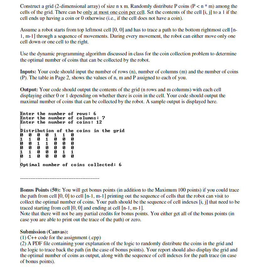 Solved Construct a grid (2-dimensional array) of size n×m. | Chegg.com
