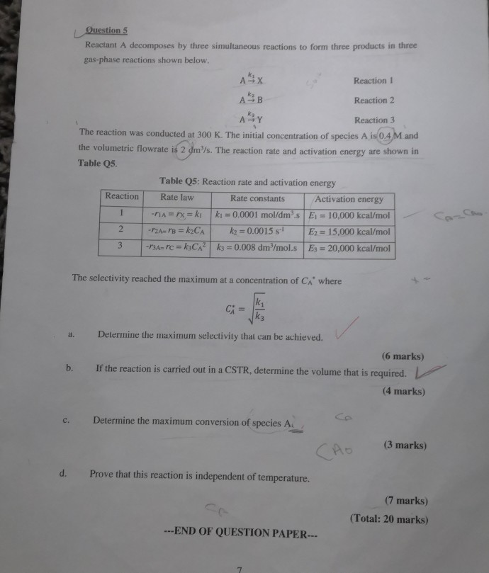 Reactant A decomposes by three simultaneous reactions | Chegg.com