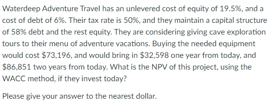 Solved Waterdeep Adventure Travel has an unlevered cost of | Chegg.com