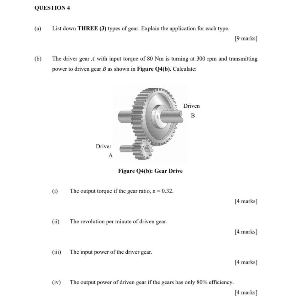 Solved QUESTION 4 (a) List down THREE (3) types of gear. | Chegg.com