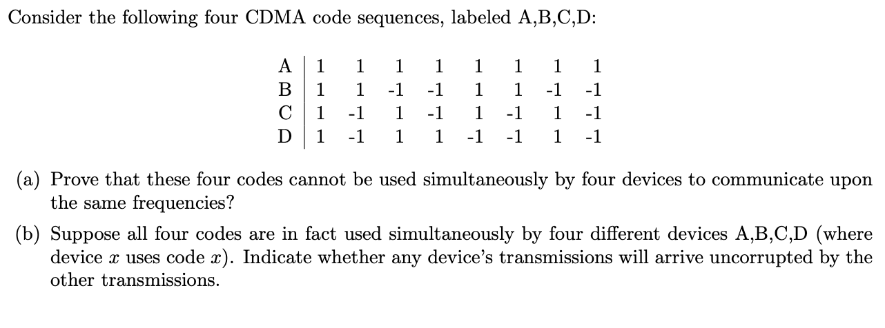 Solved Consider the following four CDMA code sequences, | Chegg.com