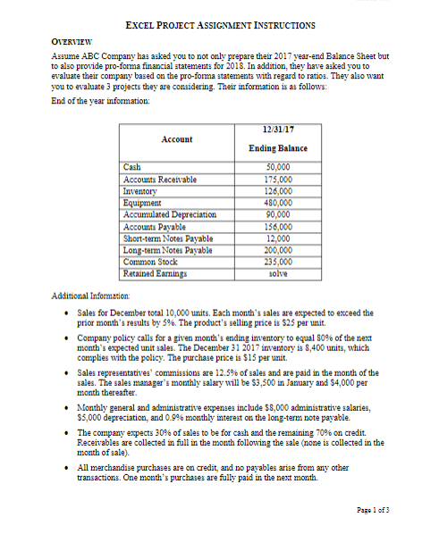 Solved EXCEL PROJECT ASSIGNMENT INSTRUCTIONS OVERVIEW Assume | Chegg.com