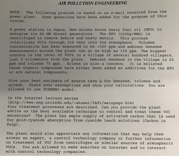 Solved AIR POLLUTION ENGINEERING NOTE: The following problem | Chegg.com