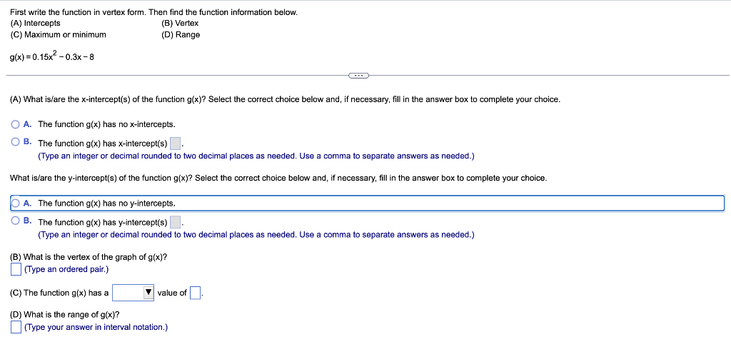 Solved First write the function in vertex form. Then find | Chegg.com
