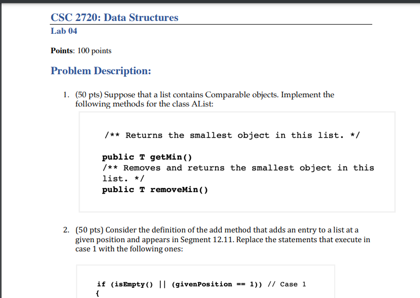 Solved CSC 2720: Data Structures Lab 04 Points: 100 points | Chegg.com