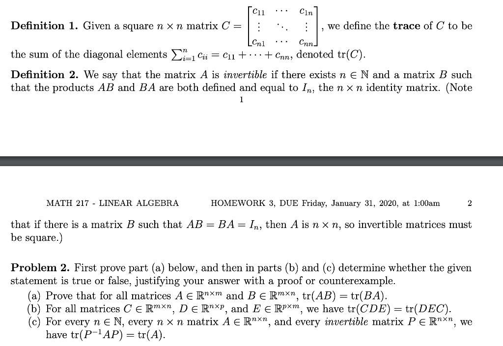 Solved [cii ... Cin] Definition 1. Given a square n xn | Chegg.com