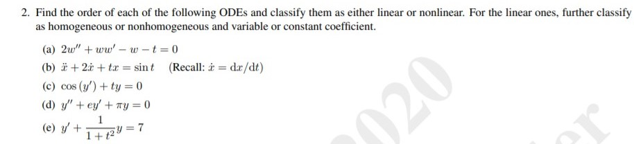Solved 2. Find the order of each of the following ODES and | Chegg.com