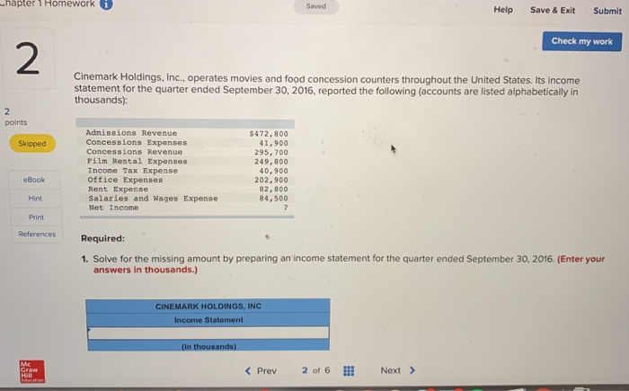 Solved hapten Homework Saved Help Save&Exit Submit Check my | Chegg.com