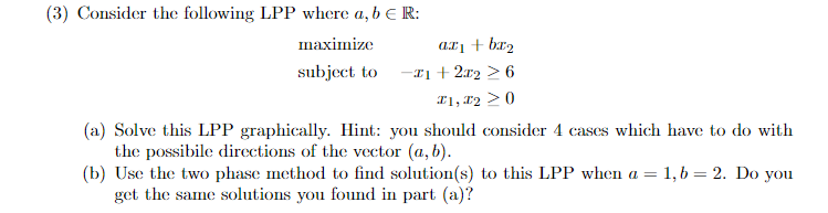 Solved (3) Consider the following LPP where a, b ER: | Chegg.com