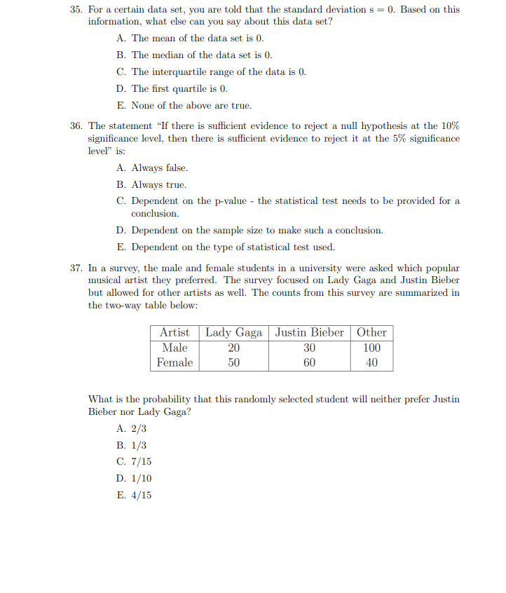 Solved 35. For a certain data set, you are told that the | Chegg.com