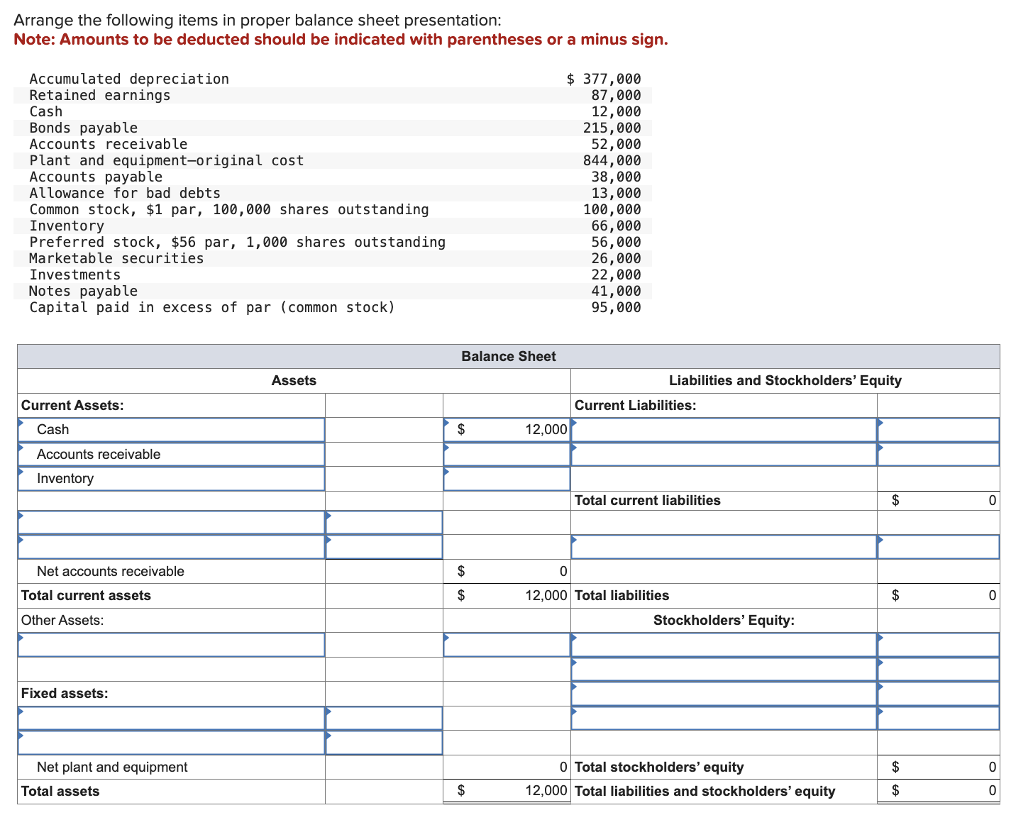 Solved Arrange the following items in proper balance sheet | Chegg.com
