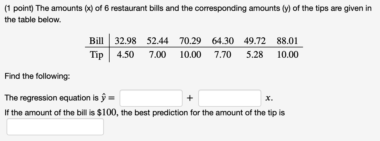 Solved (1 point) The amounts (x) of 6 restaurant bills and | Chegg.com