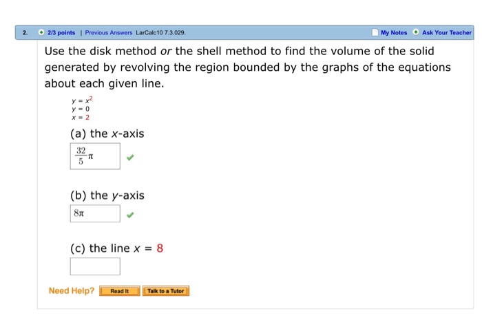 Solved 2. 2/3 points I Previous Answers LarCalc10 7.3.029 My | Chegg.com
