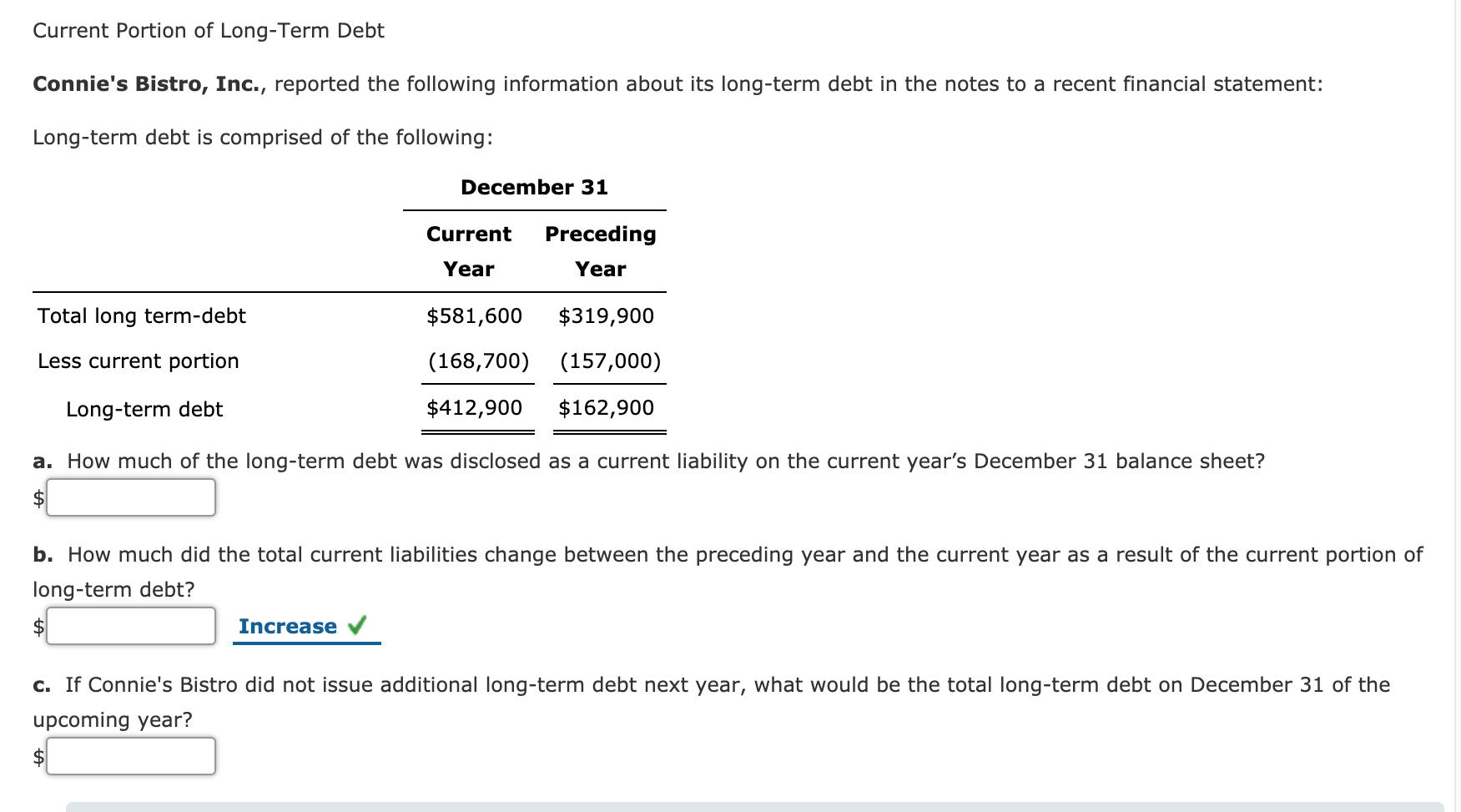 Solved Current Portion of Long-Term Debt Connie's Bistro, | Chegg.com