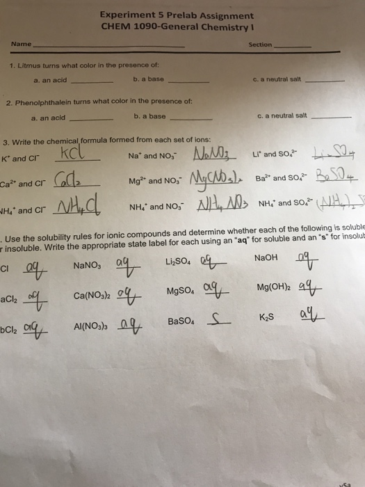 Solved Experiment 5 Prelab Assignment CHEM 1090-General | Chegg.com
