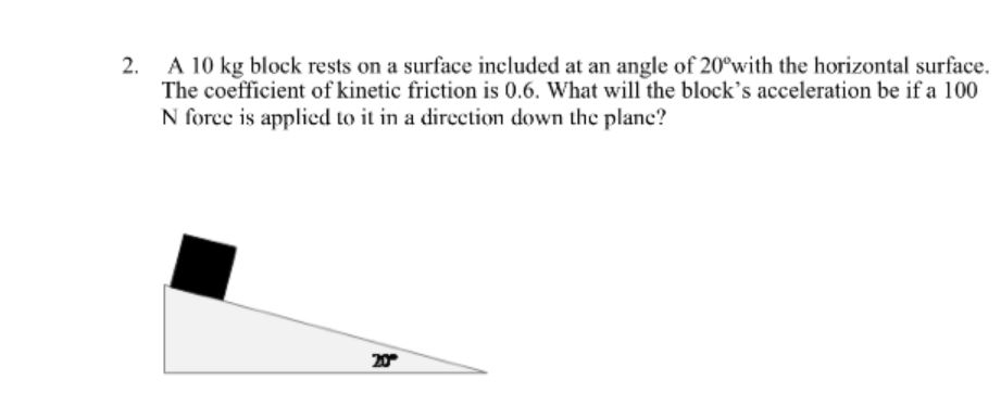 Solved 2. ﻿A 10 ﻿kg block rests on a surface included at an | Chegg.com