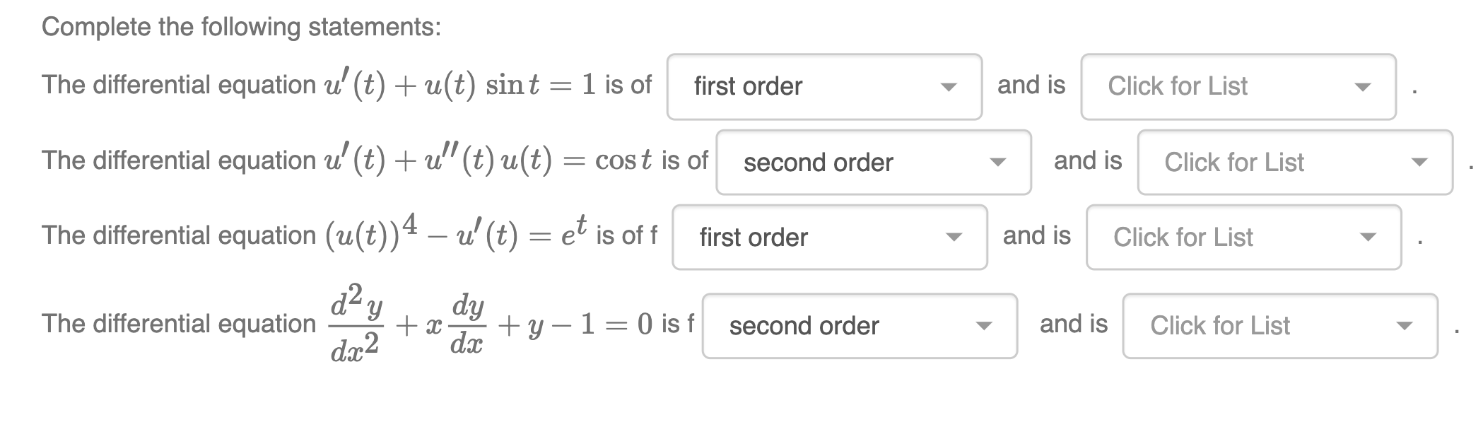 Solved The differential equation u′(t)+u(t)sint=1 ﻿ is of | Chegg.com
