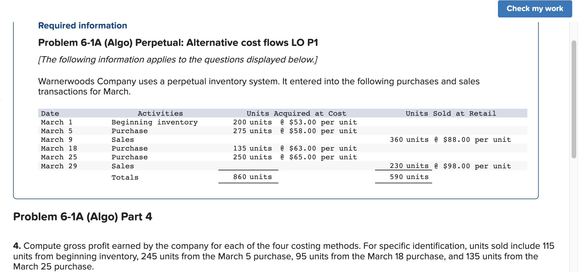 Solved Required information Problem 6-1A (Algo) Perpetual: | Chegg.com