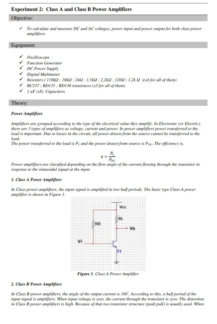 Experiment 2: Class A And Class B Power Amplifiers... | Chegg.com
