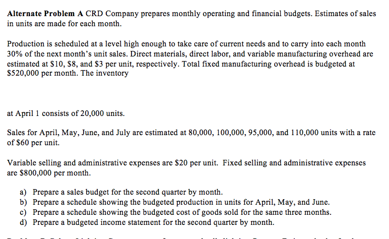 Solved Alternate Problem A CRD Company prepares monthly | Chegg.com