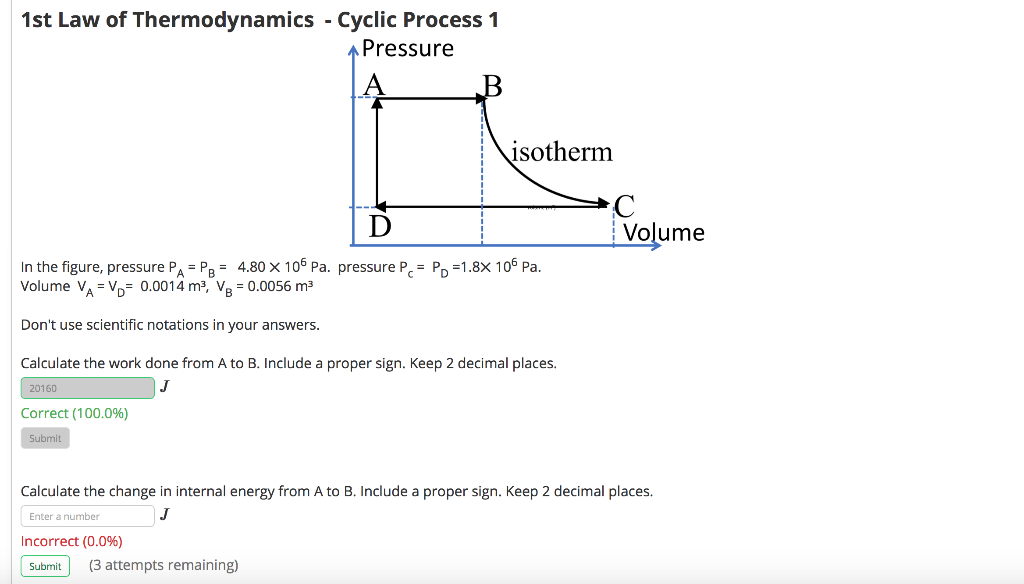 Solved 1st Law of Thermodynamics - Cyclic Process 1 Pressure | Chegg.com