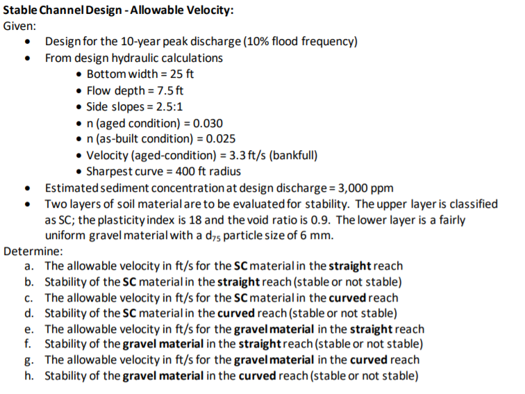 Solved Stable Channel Design - Allowable Velocity: Given: | Chegg.com