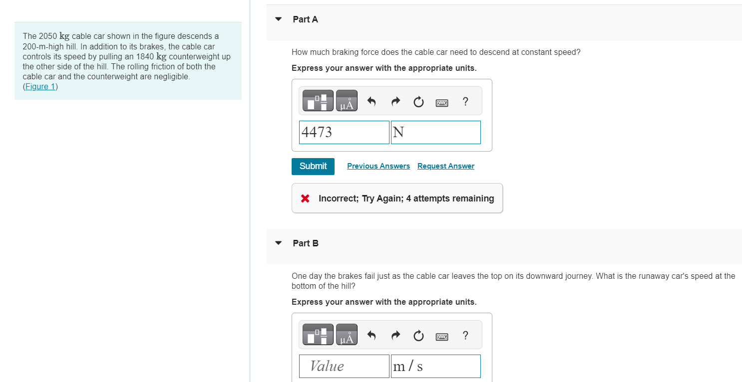 Solved The 2050 kg cable car shown in the figure descends a | Chegg.com