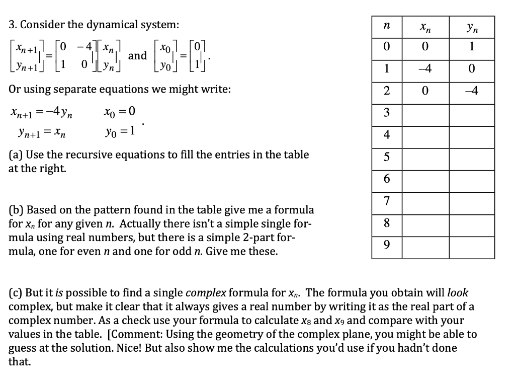 Solved 3. Consider the dynamical system: n xn yn Xn+1 0 -4 0 | Chegg.com